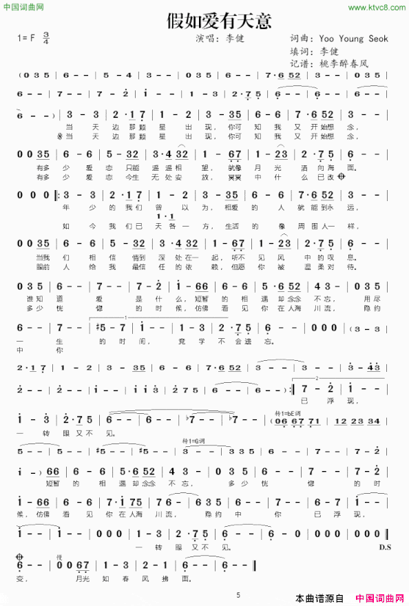 假如爱有天意李健填词简谱 李健 李健 Yoo Young Seok词曲 吉他弹唱